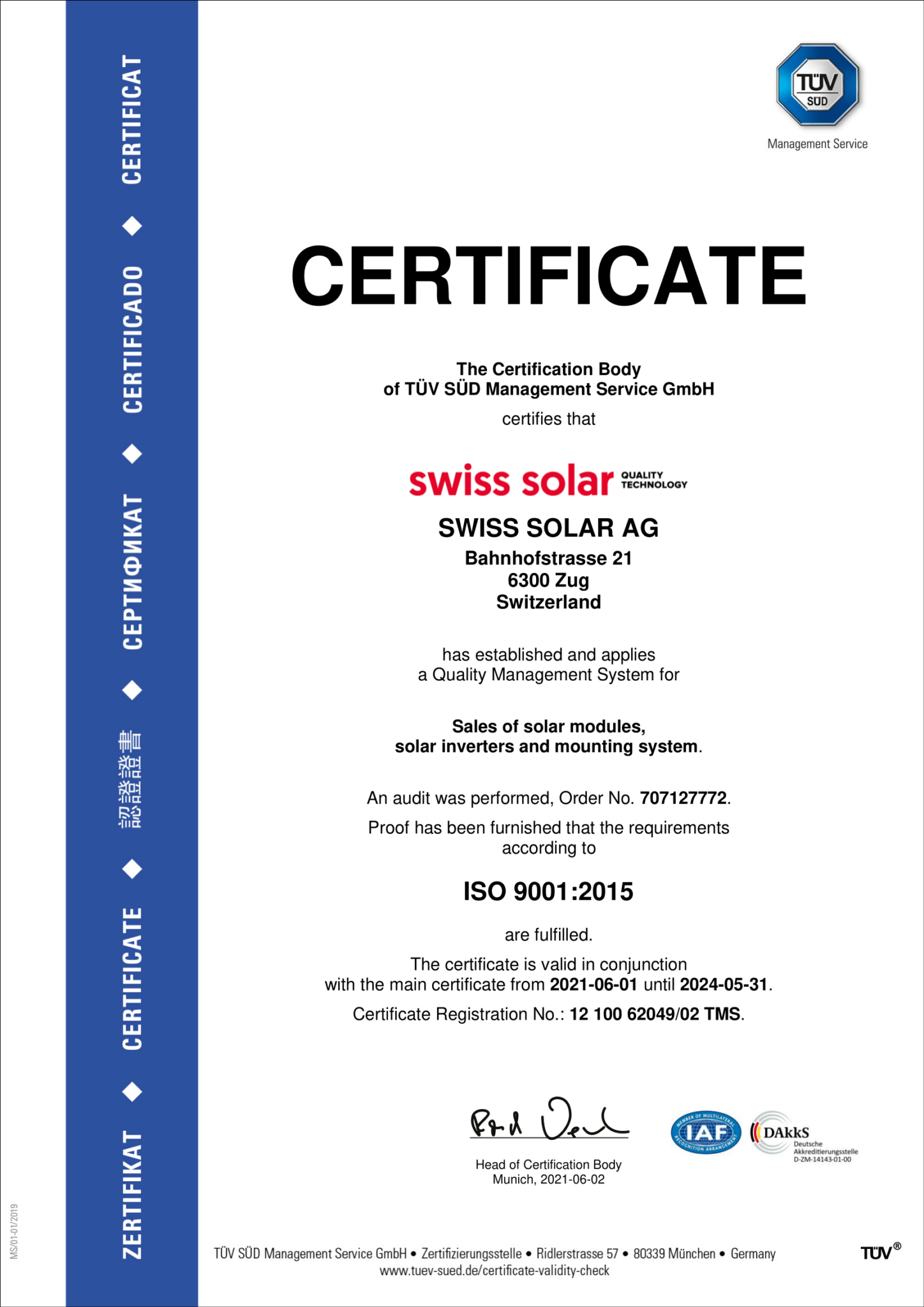 Swiss Solar QMS posiada certyfikat ISO 9001:2015 – Swiss Solar